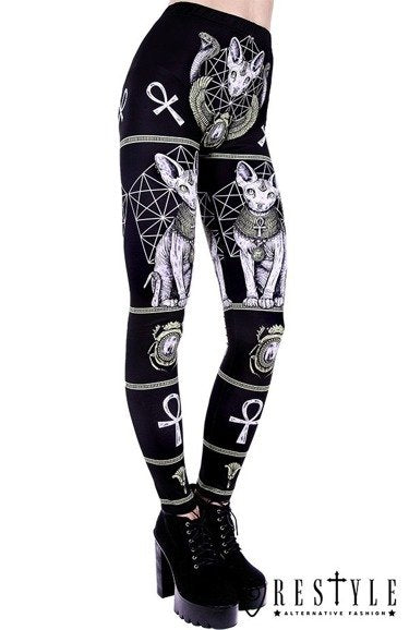 Black gothic leggings with sphynx cat, Bastet, occult trousers "SPHYNX – Zero Stigmata